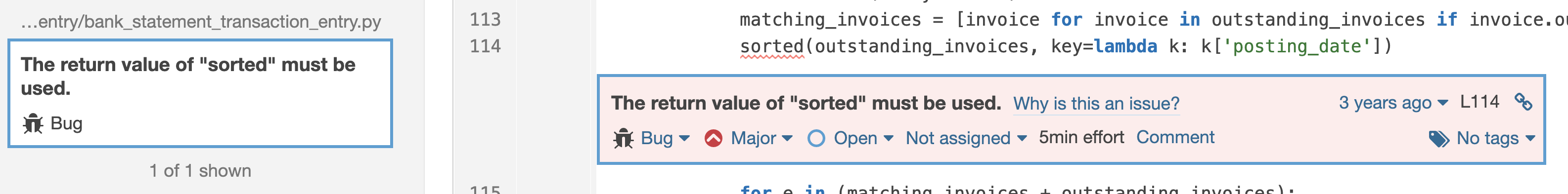 Misuse of the `sorted` builtin in "BankStatementTransactionEntry ...