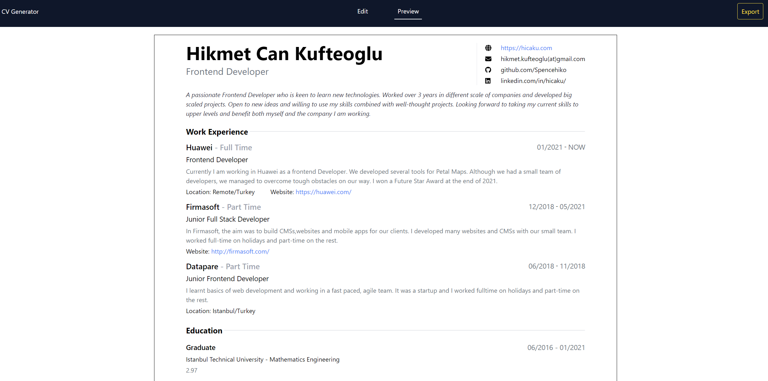 GitHub - hicaku/cv-generator: Simple CV Generator