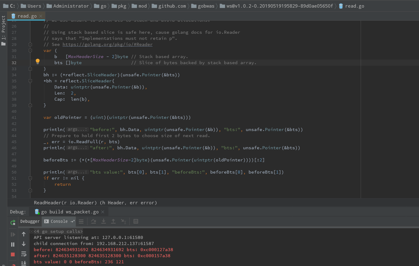 Stack based slice does not work. · Issue #73 · gobwas/ws · GitHub