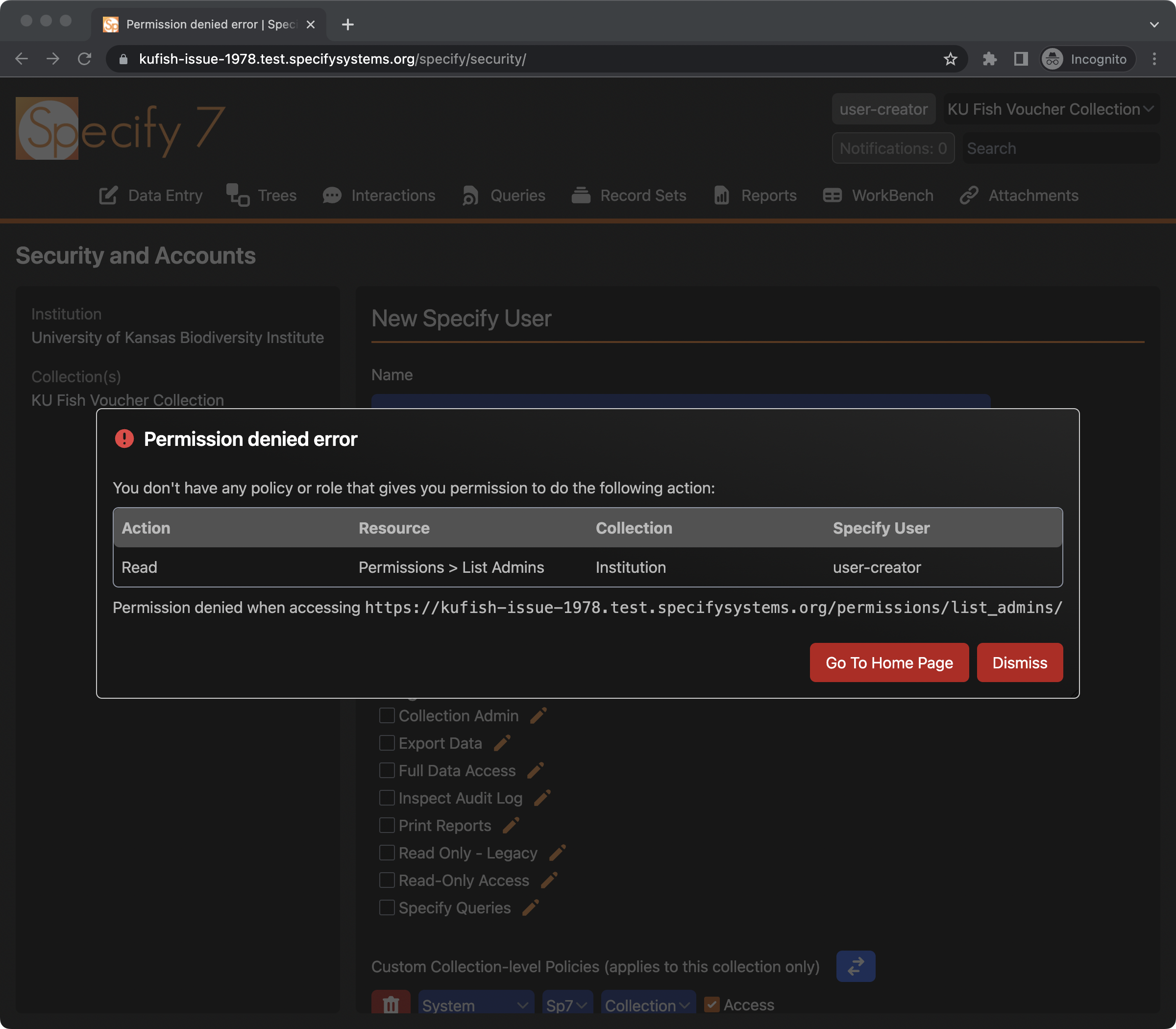 Permission error when Collection Admin tries to create a new user · Issue #2019 · specify ...