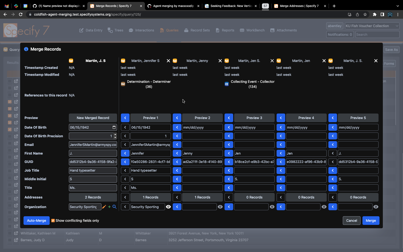 Non-conflicting fields that are hidden are not merged · Issue #2879 · specify/specify7 · GitHub