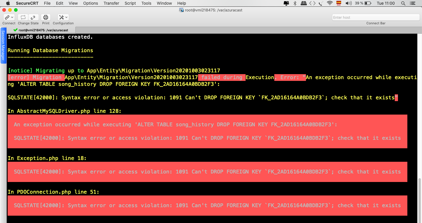 Running Database Migrations error · Issue #3240 · AzuraCast/AzuraCast · GitHub