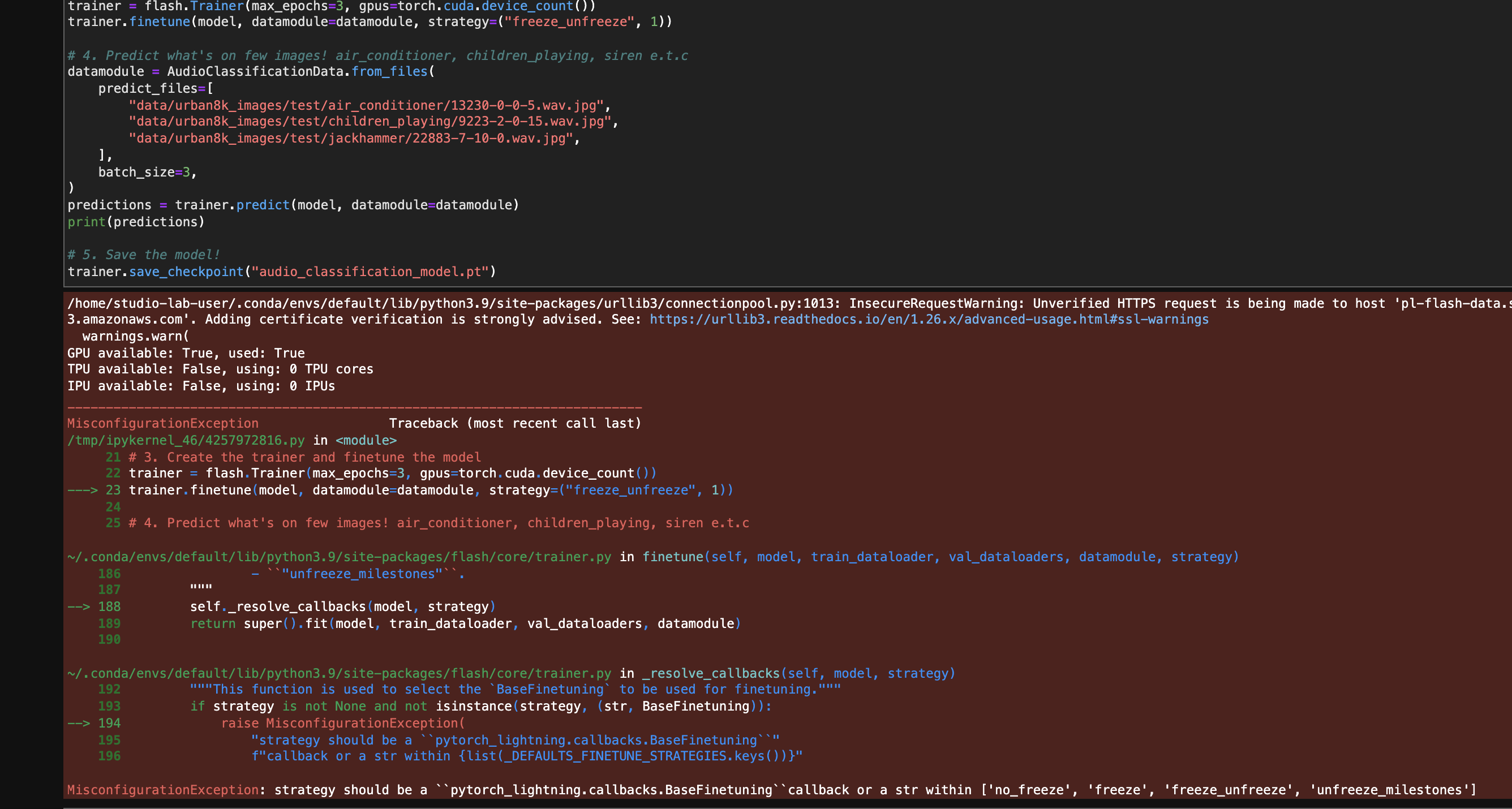 audio classification example doesn't run with the recent code change ...