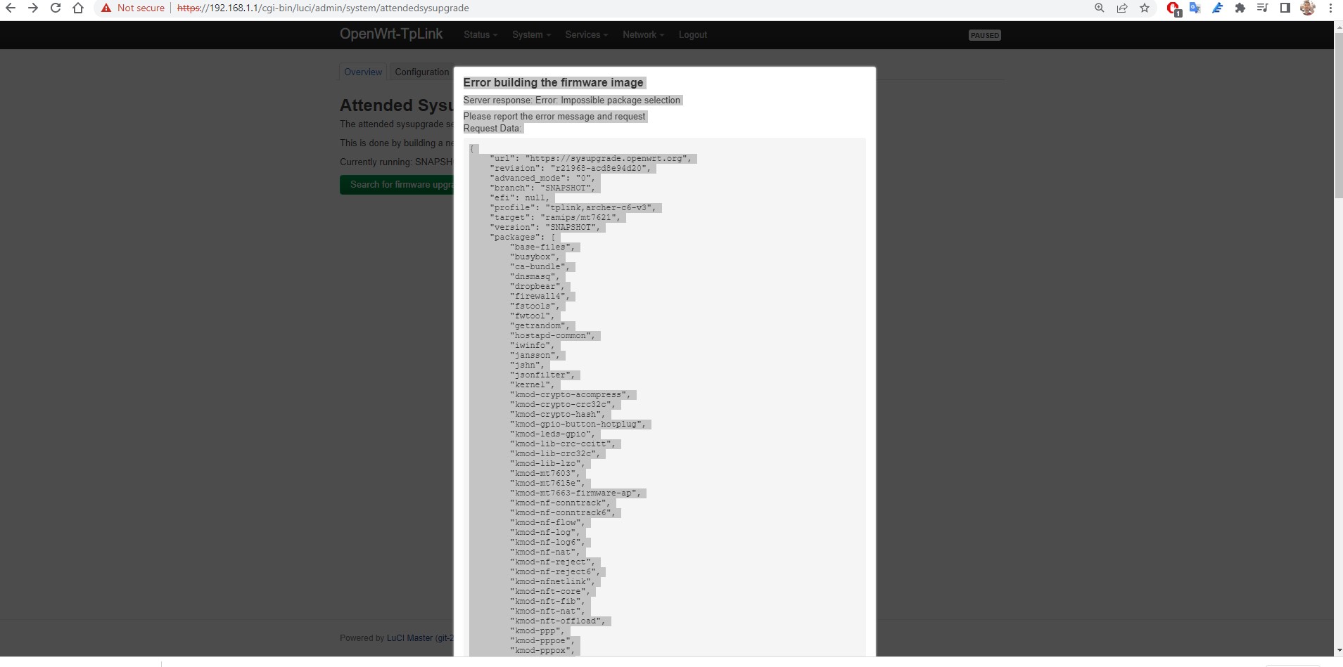 Server response: Error: Impossible package selection · Issue #466 · openwrt/asu · GitHub