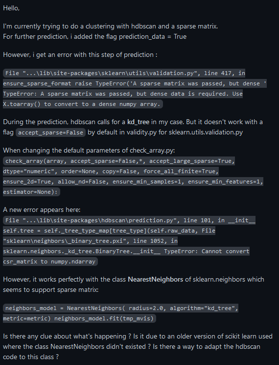 Prediction Data For Sparse Matrix Not Supported · Issue 532 · Scikit Learn Contribhdbscan · Github