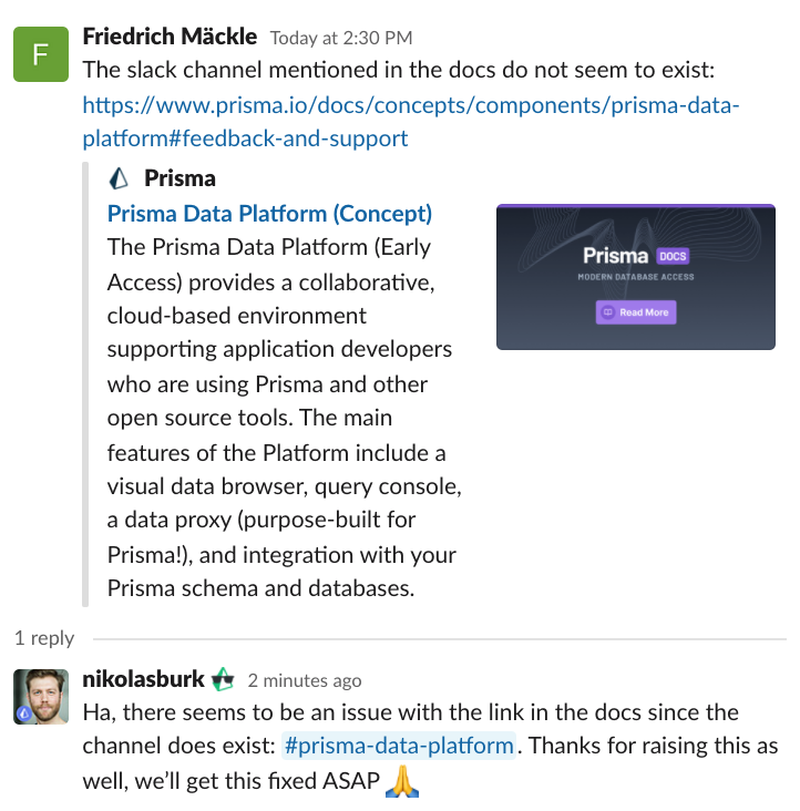 Link to `#prisma-data-platform` Slack channel is broken · Issue #2775 · prisma/docs · GitHub