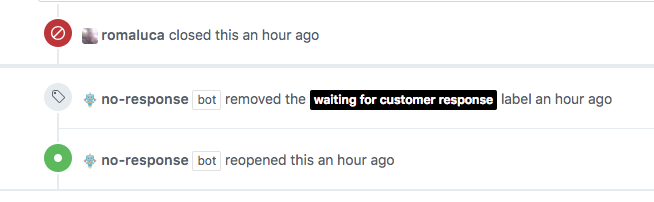 The no-response bot reopens closed issues when it removes the "waiting ...
