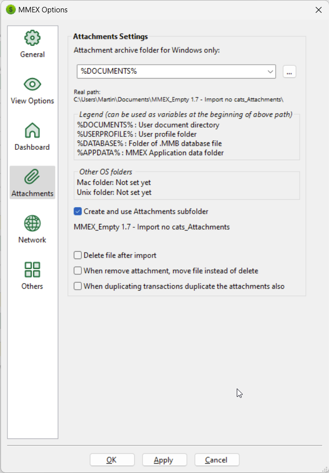 MMEX Options, Attachments: Button very narrow; section expanded to the ...