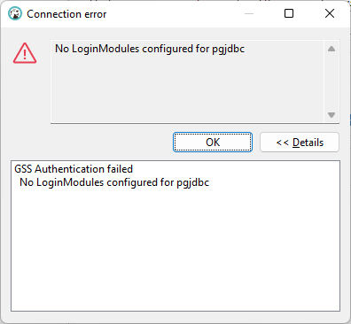 Unable to Login to PostgreSQL DB from Windows, Getting error: "No LoginModules configured for ...