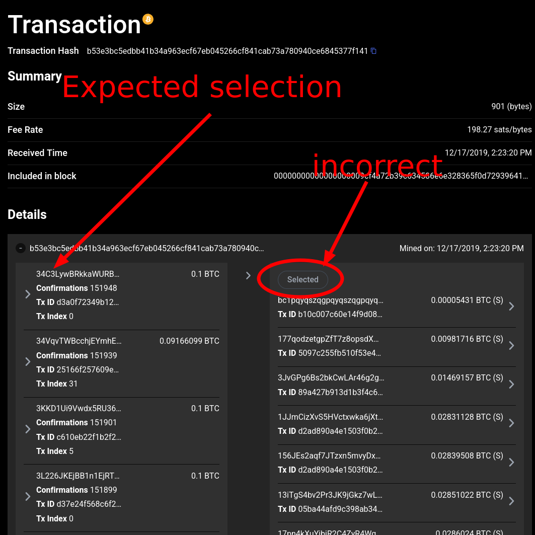 Bug: Following link to output in child transaction marks output instead of input as selected ...