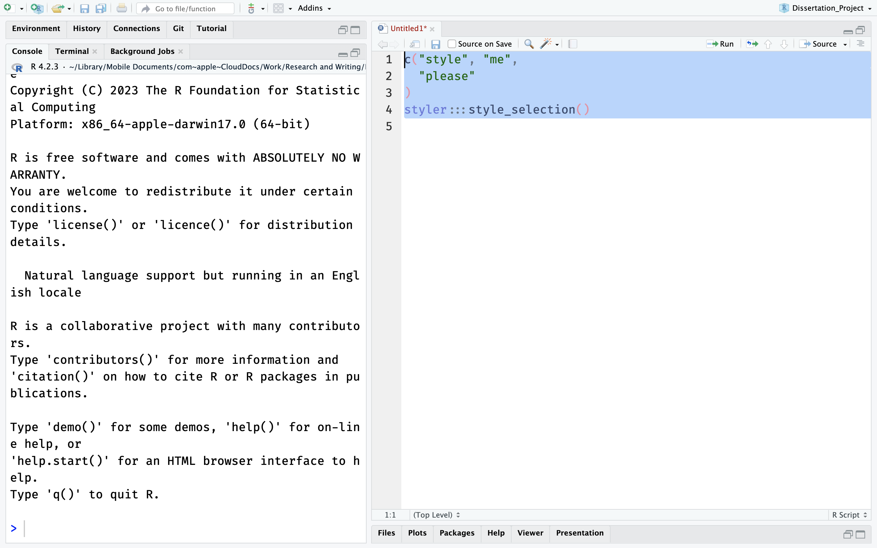 Cannot Style Code When Script Is In Separate Window? · Issue #1100 · r-lib/styler · GitHub