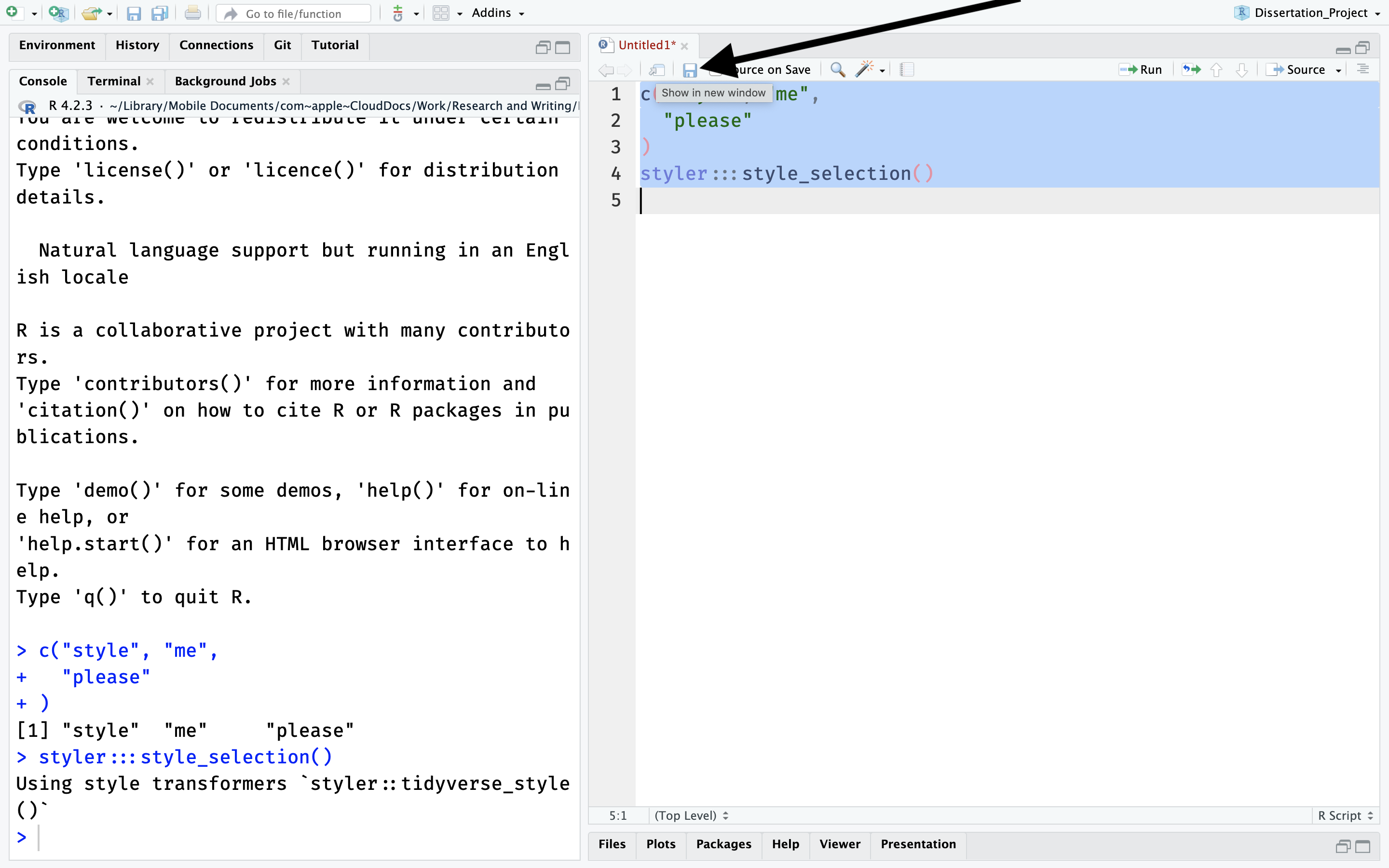Cannot Style Code When Script Is In Separate Window? · Issue #1100 · r-lib/styler · GitHub