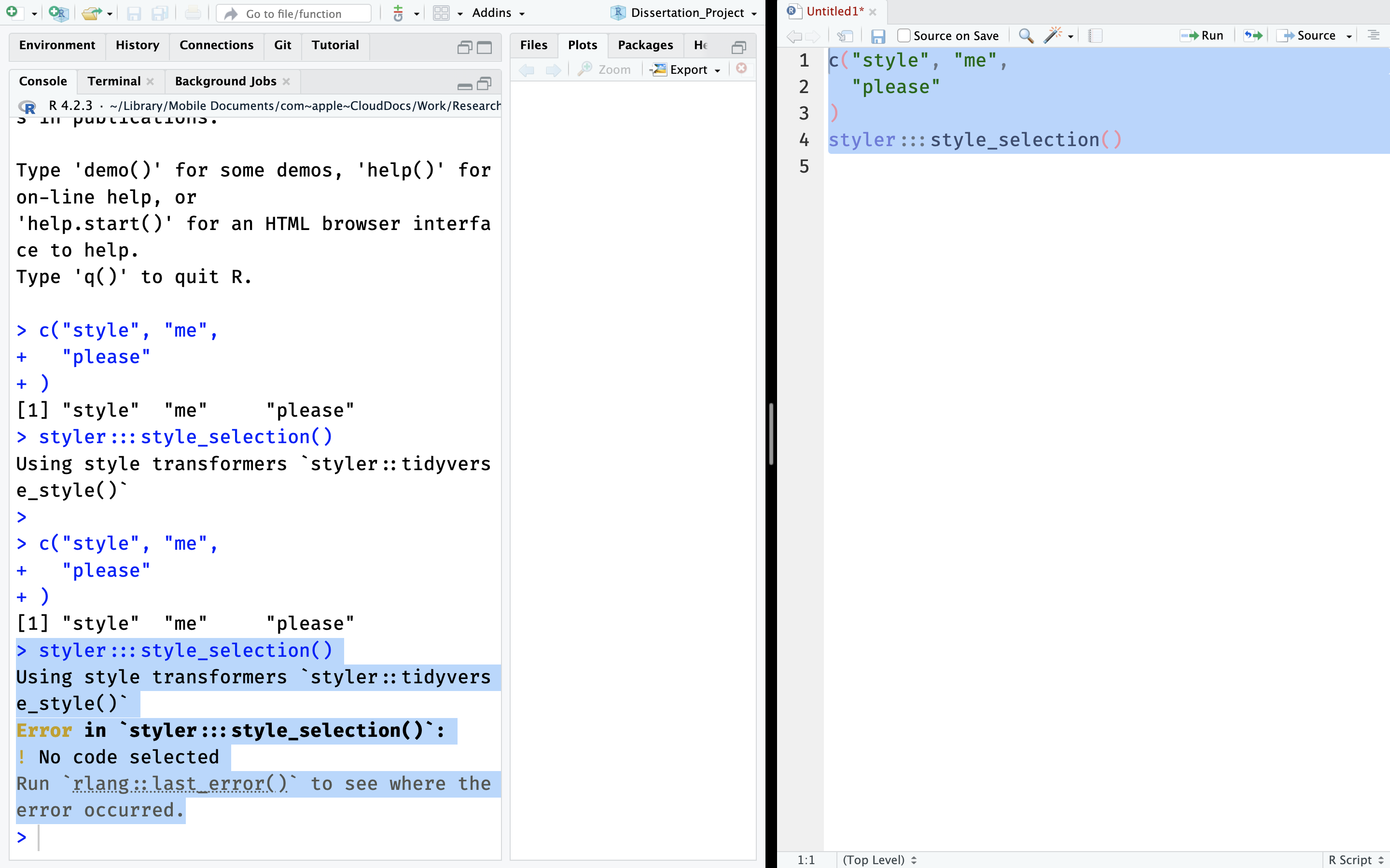Cannot Style Code When Script Is In Separate Window? · Issue #1100 · r-lib/styler · GitHub
