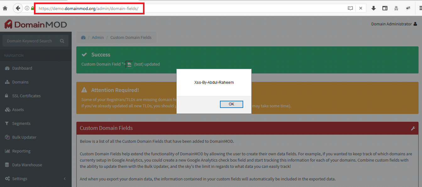 Stored XSS vulnerability in Custom Domain Fields · Issue #82 · domainmod/domainmod · GitHub