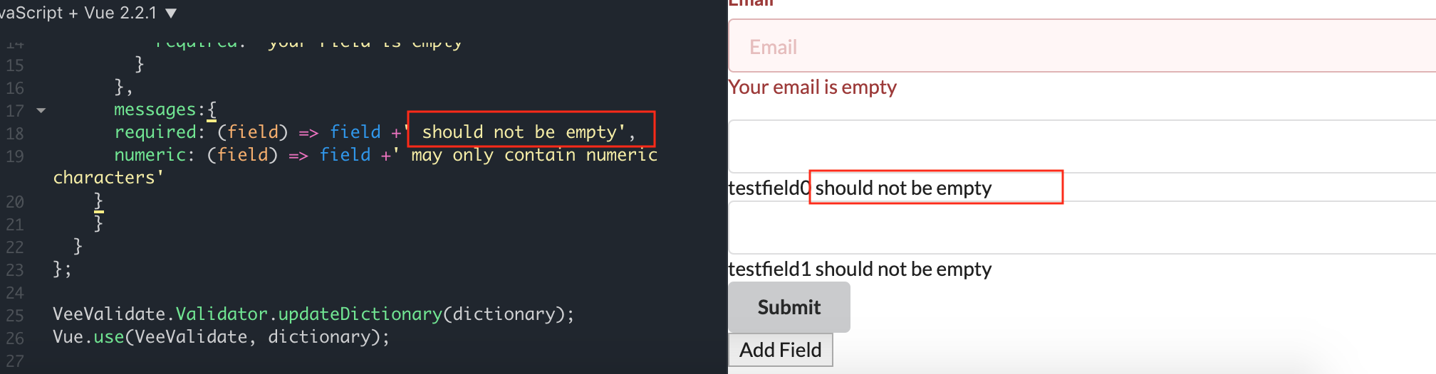 Unable To Create Custom Error Messages For Dynamically Created Input 