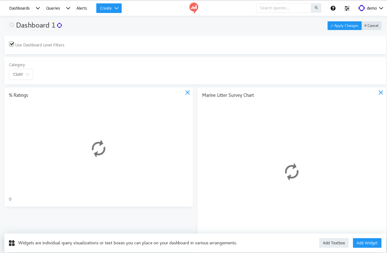 Enabling or disabling "Use Dashboard Level Filters" cause widgets to show reload spinner forever ...