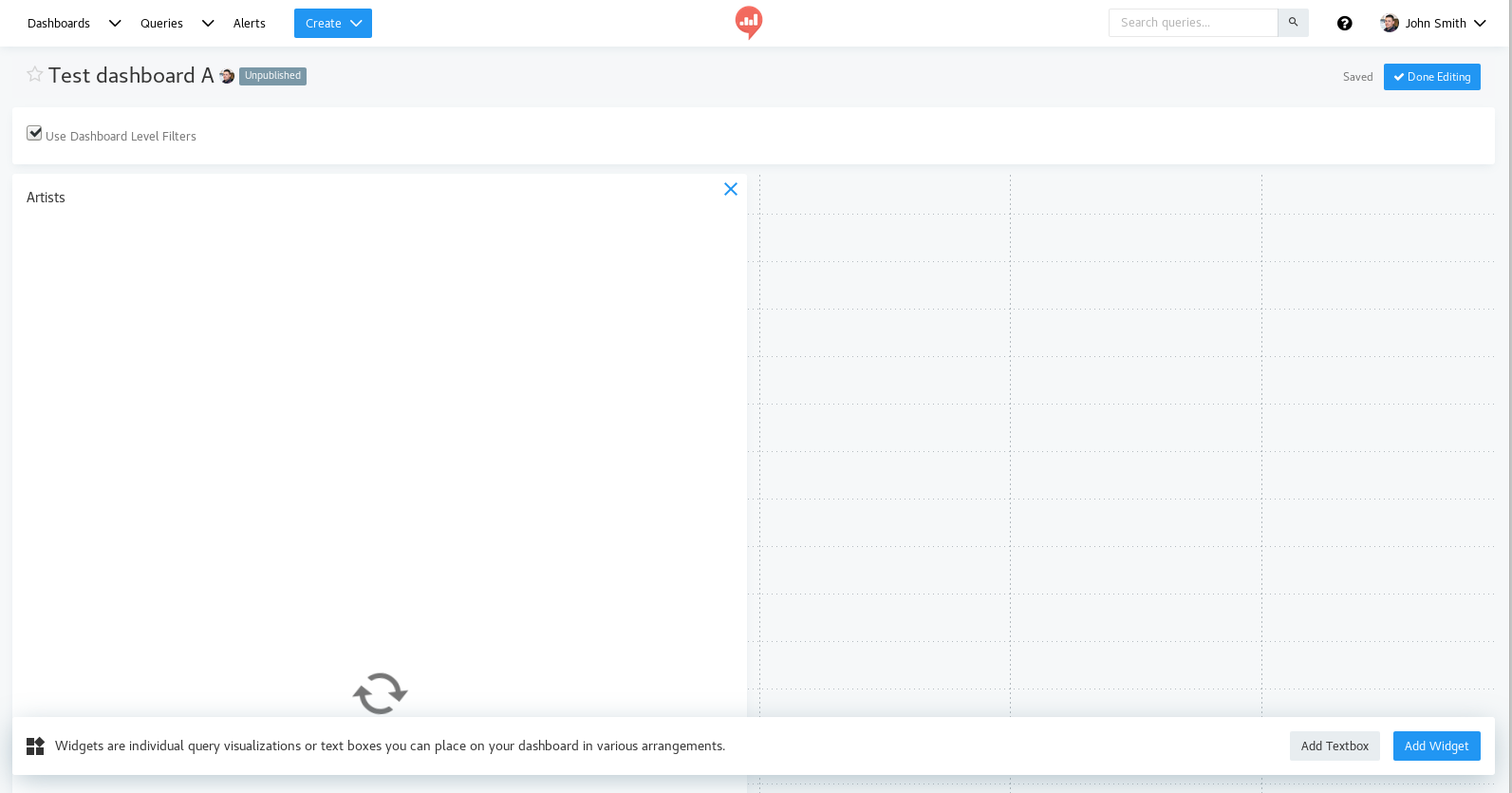 Enabling or disabling "Use Dashboard Level Filters" cause widgets to show reload spinner forever ...