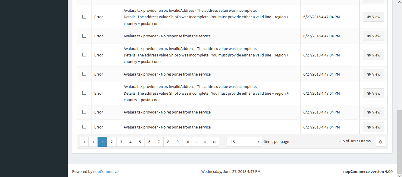 1000's of errors daily · Issue #9 · nopSolutions/avalara-plugin-for-nopcommerce · GitHub