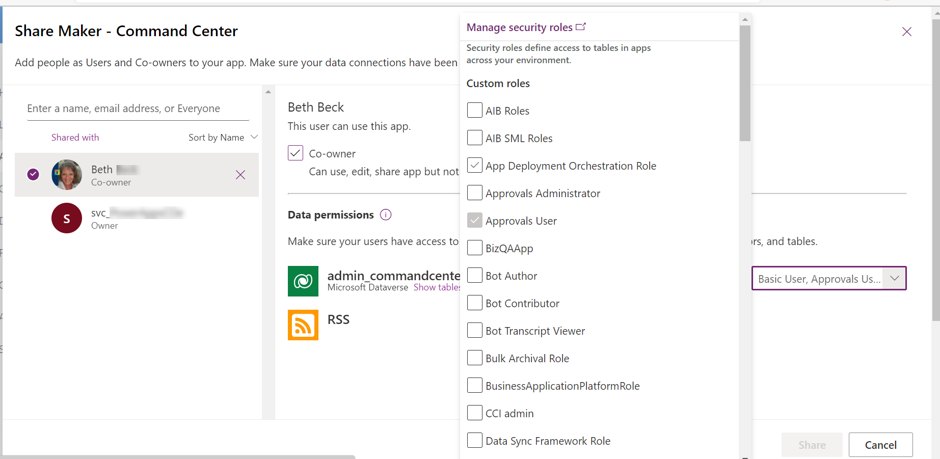 Data permissions/security roles required to share Maker Command Center ...