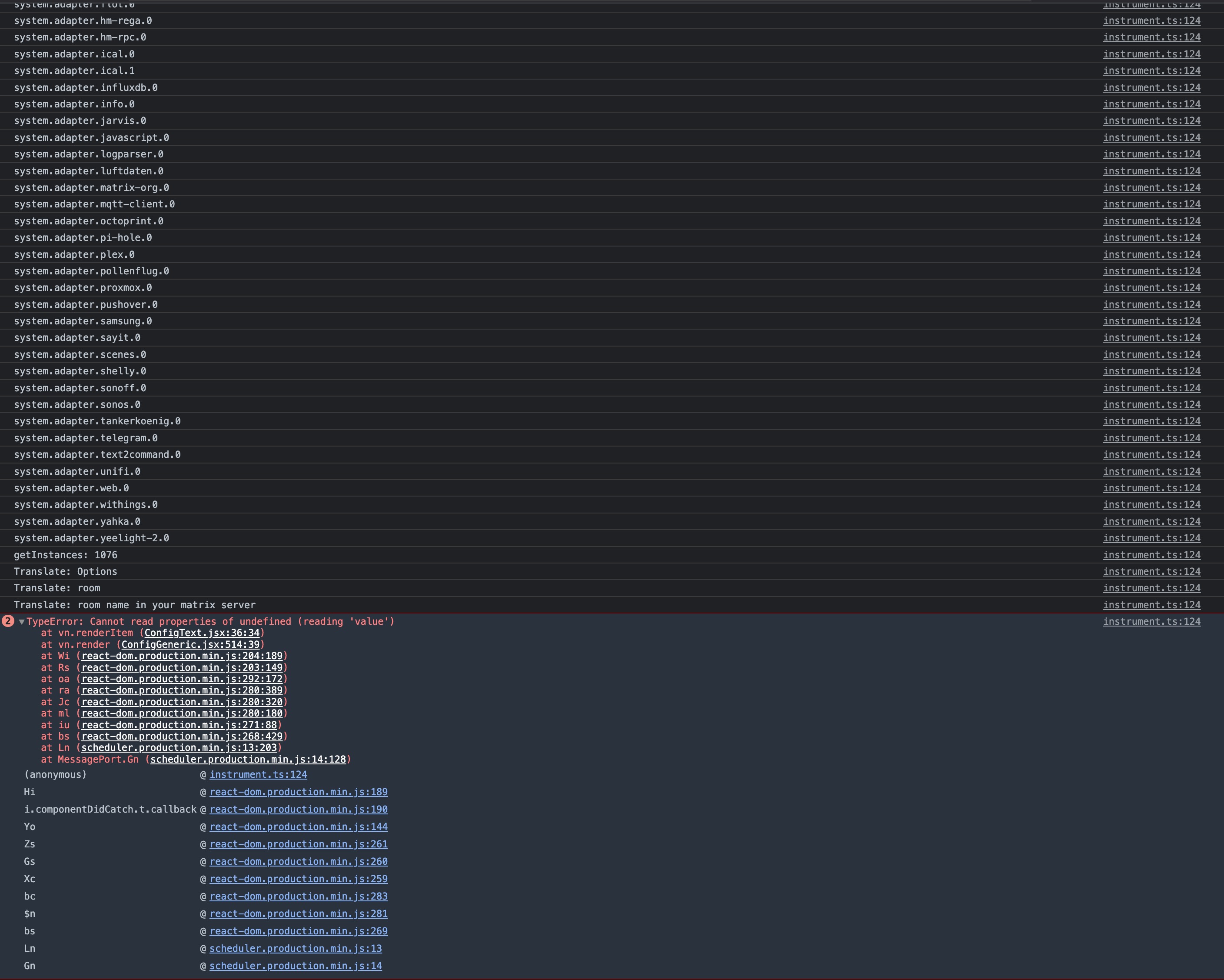 After installing the matrix.org adapter 0.0.7 the admin ui throw an error · Issue #1624 ...