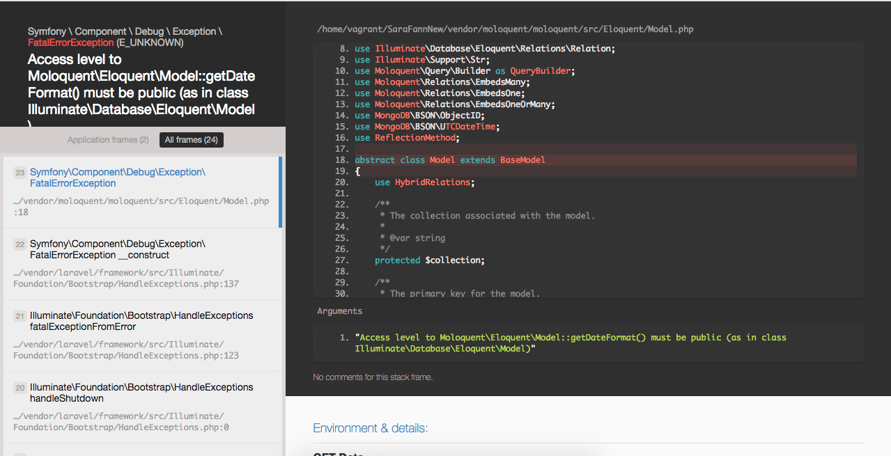 Access level to Moloquent\Eloquent\Model::getDateFormat() must be public (as in class Illuminate ...