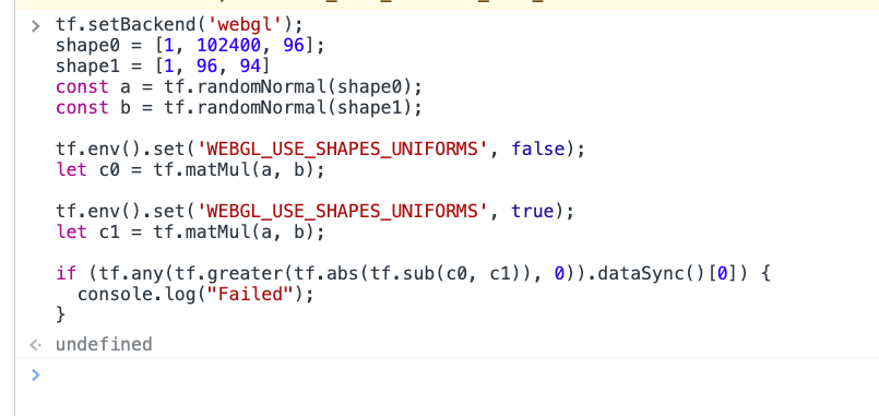 Enabling shape uniforms gives incorrect output with MatMulPackedProgram ...
