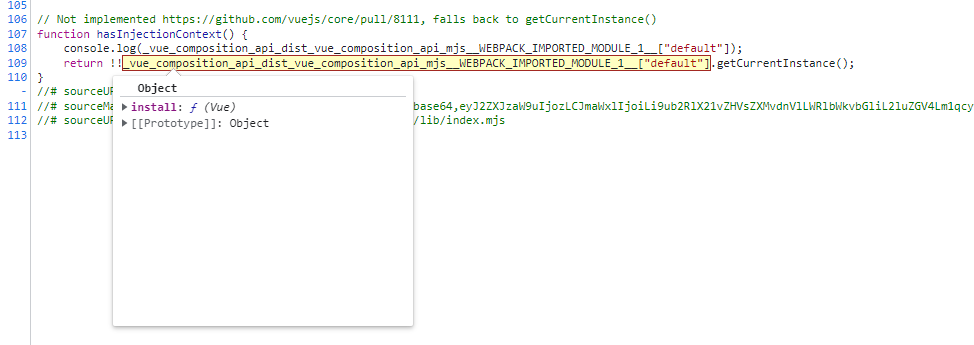 Vue 2.6: Error "VueCompositionAPI.getCurrentInstance is not a function" in hasInjectionContext ...