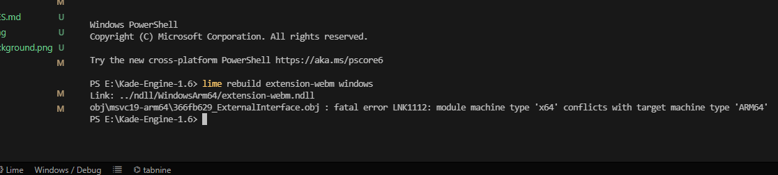 Issue with rebuilding extension-webm: fatal error LNK1112: module ...