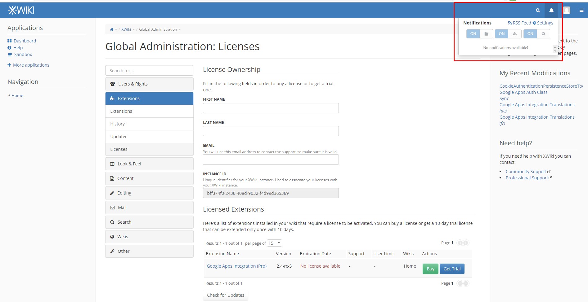 No license notification appears after installing a PRO application · Issue #55 · xwikisas ...
