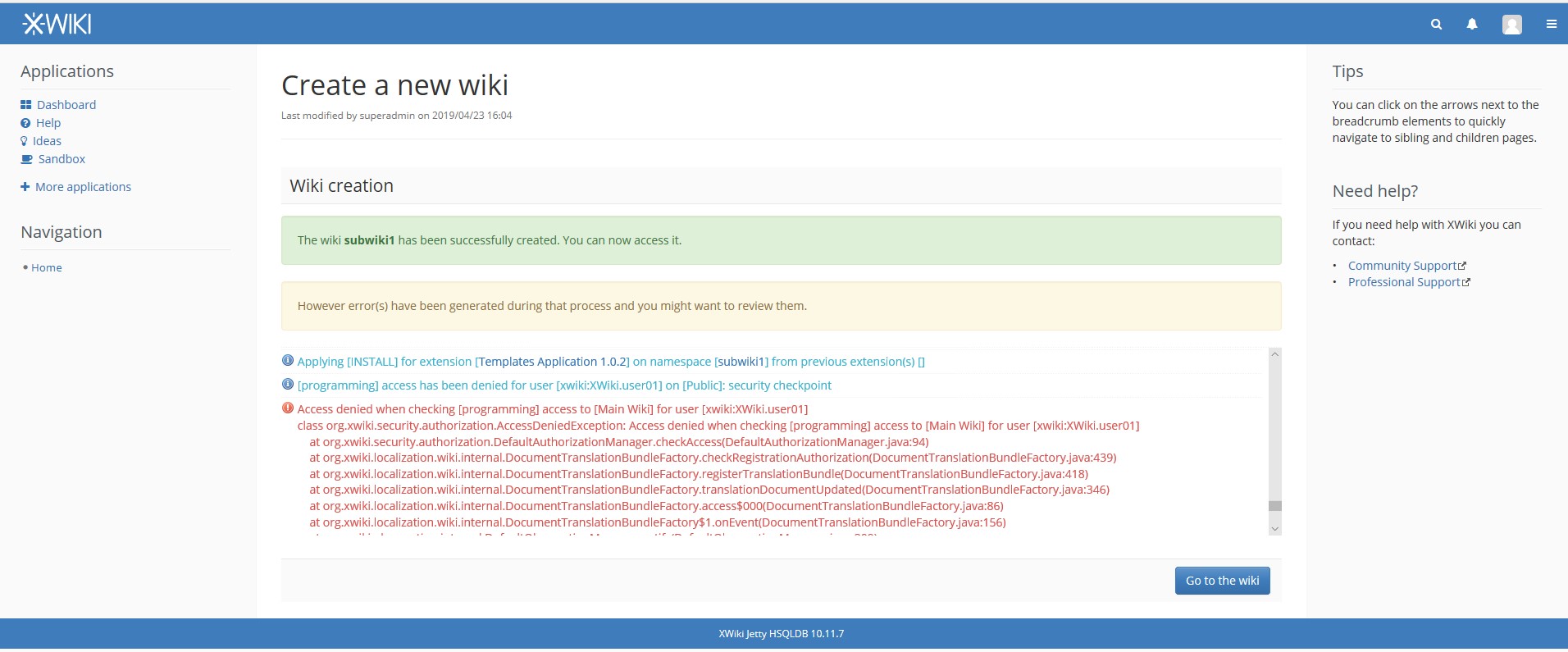 Programming rights error appears in the log when creating a subwiki with a user who has only ...