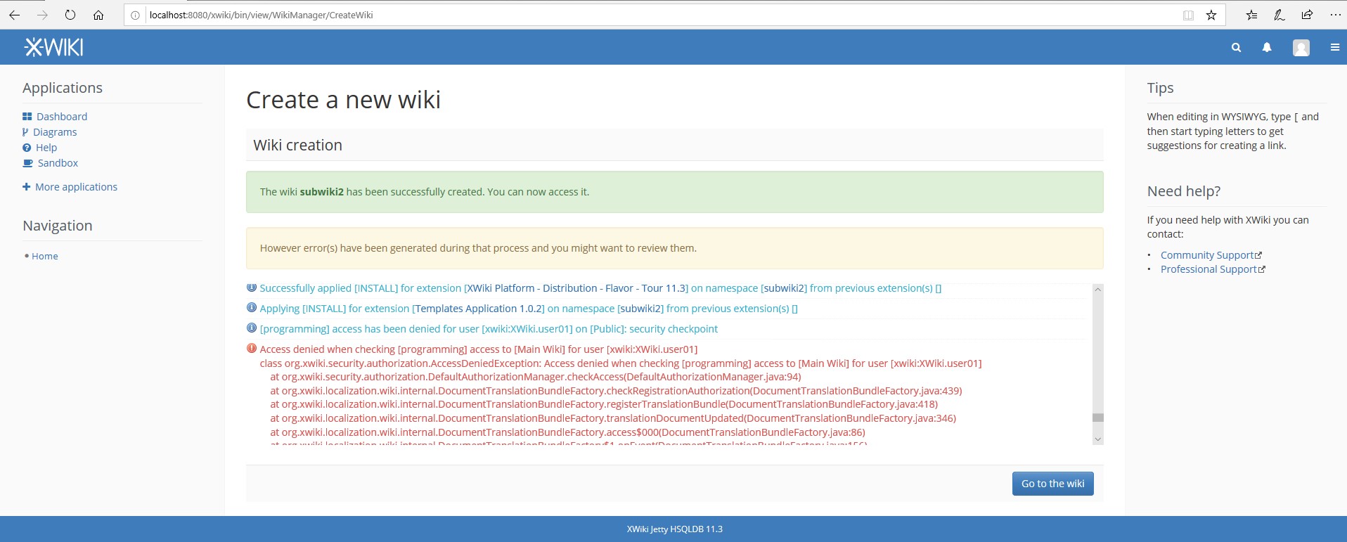 Programming rights error appears in the log when creating a subwiki with a user who has only ...