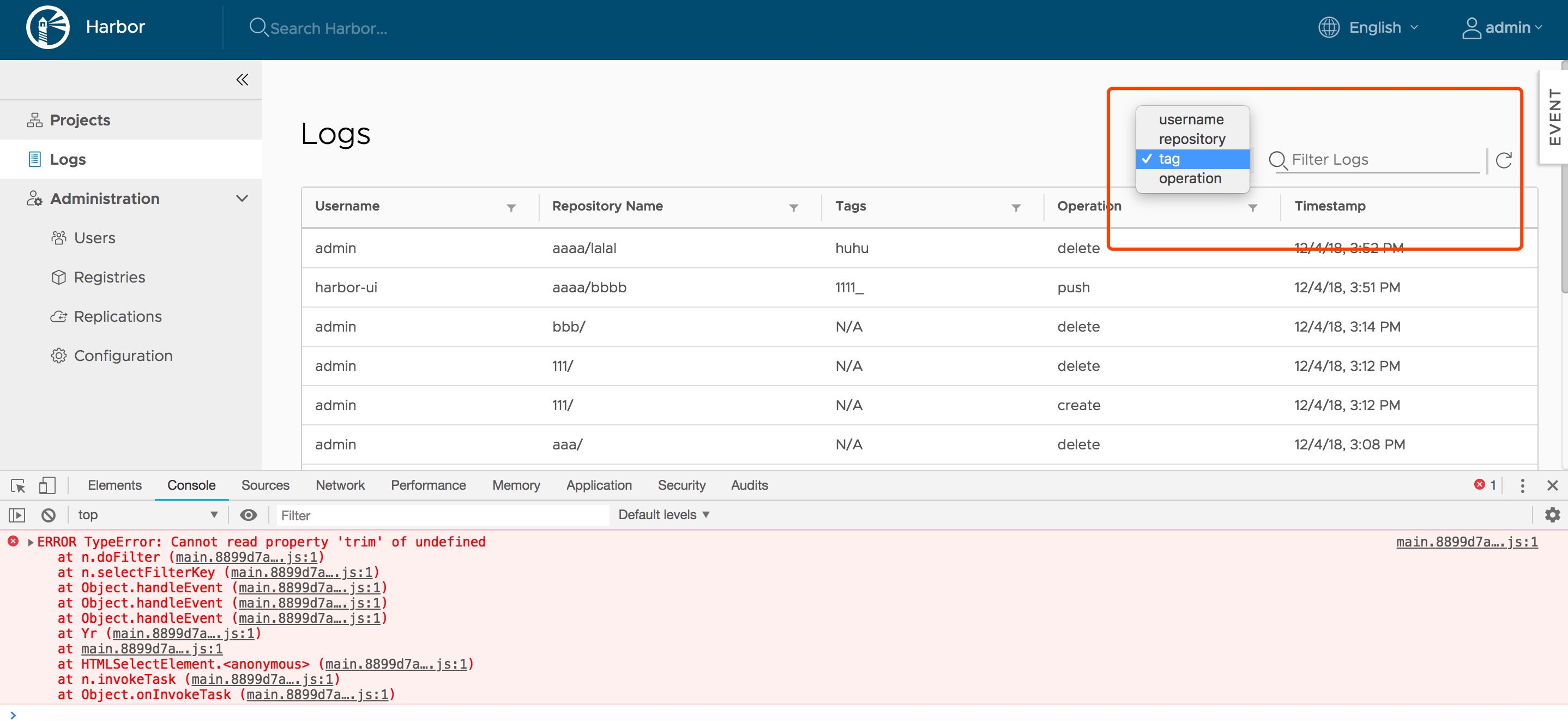 The console reports errors when filtering logs through keywords · Issue #6421 · goharbor/harbor ...