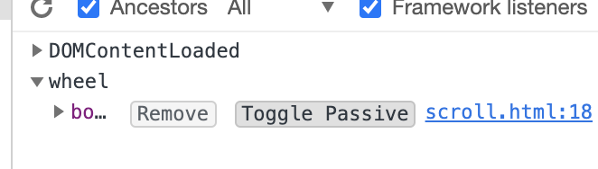 Cannot trigger "Does not use passive listeners to improve scrolling ...