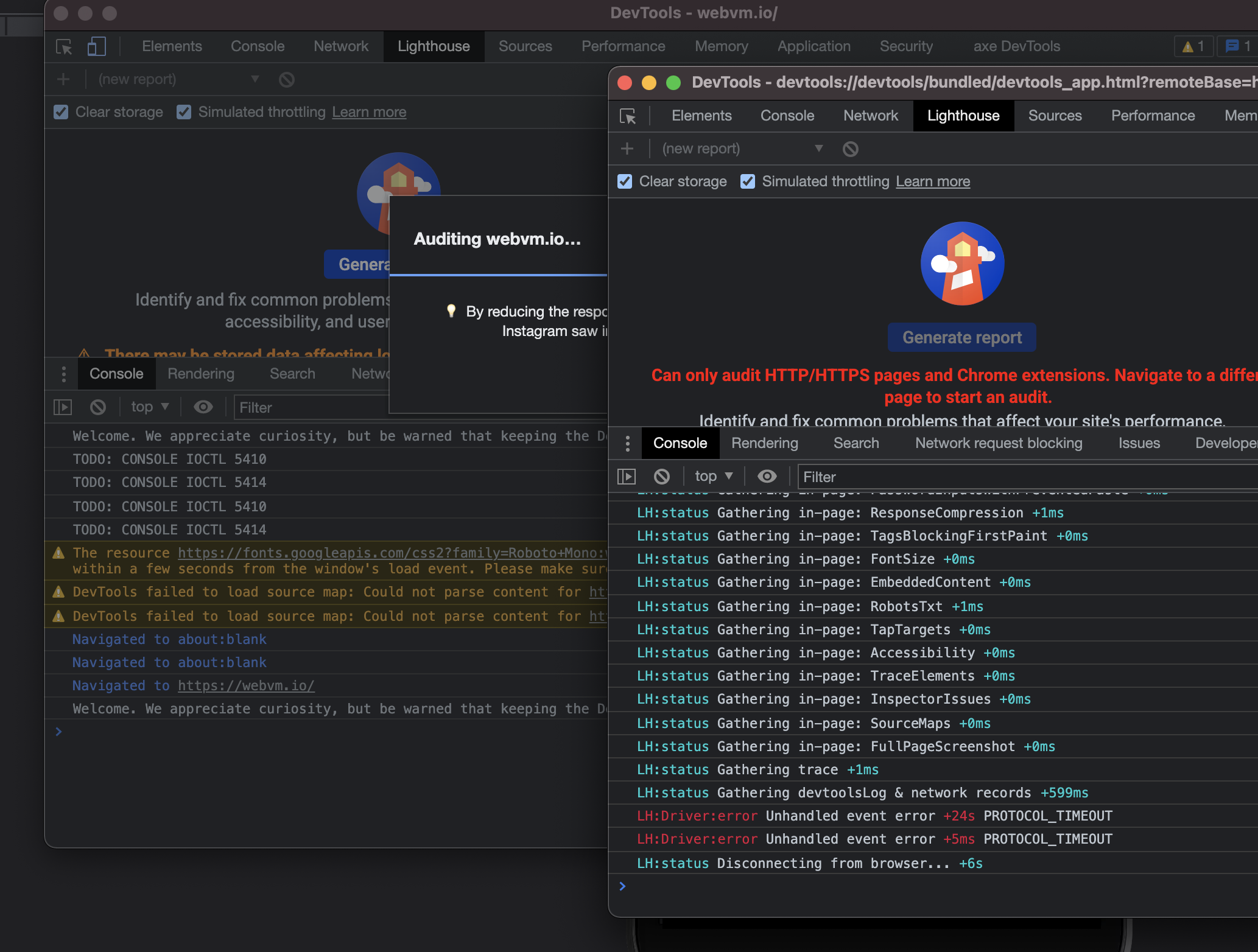 Lighthouse (Chrome 98.0.4758.74) hangs on https://webvm.io · Issue ...