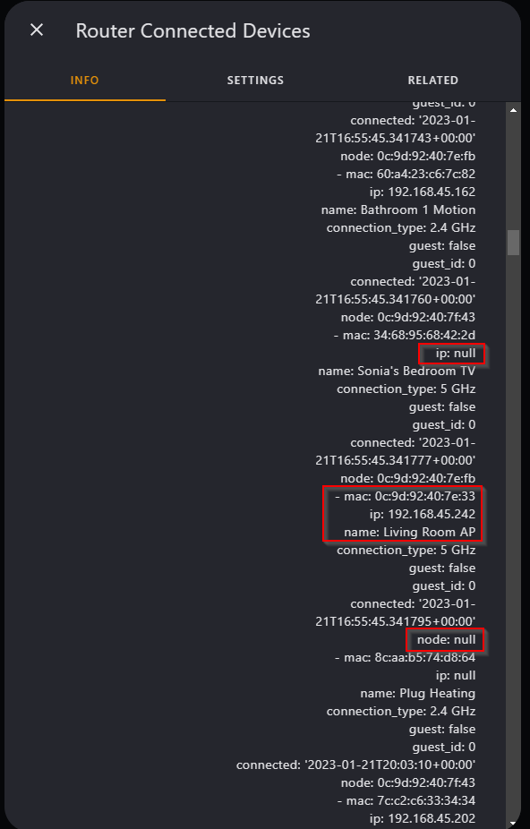 [Bug] Router Connected Devices sensor - IP of devices connected to Mesh nodes appear as null ...