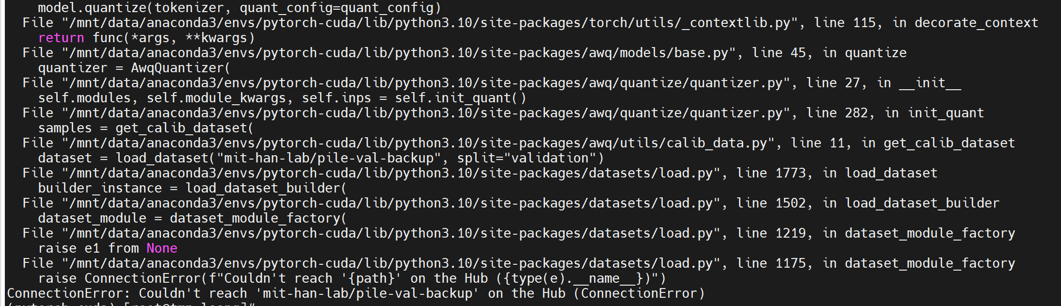 ConnectionError: Couldn't reach 'mit-han-lab/pile-val-backup' on the Hub (ConnectionError ...