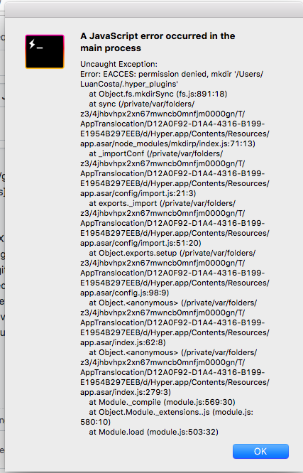 Hyper won't launch at all, A Javascript error ocurred in the main ...