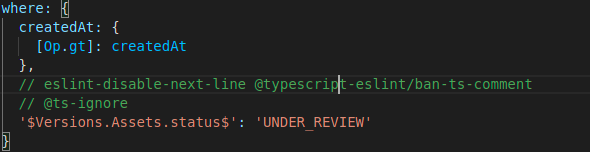 TypeScript complains about $nested.column$ syntax in query where clause ...
