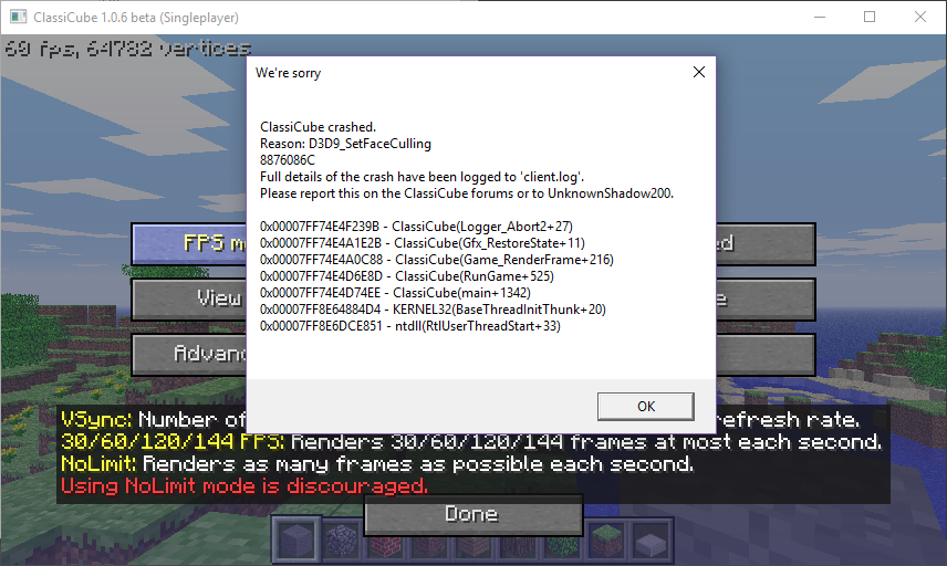 Game crashes when I change FPS limiting mode · Issue #594 · ClassiCube/ClassiCube · GitHub