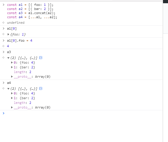 我觉得const a1 = [{ foo: 1 }]; const a2 = [{ bar: 2 }]; const a3 = a1.concat(a2); const a4 = [...a1 ...