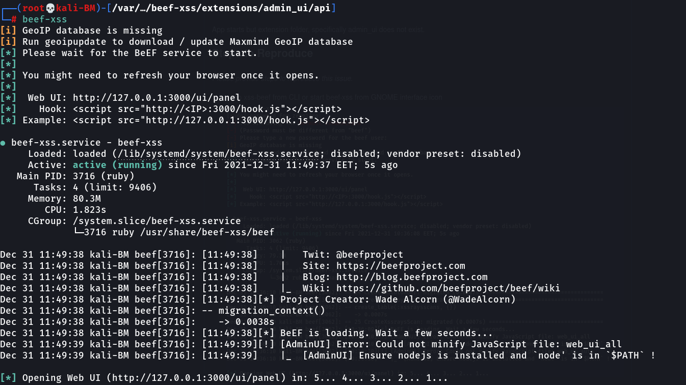 Beef-xss start with errors after sudo apt purge beef-xss and sudo apt install beef-xss · Issue ...
