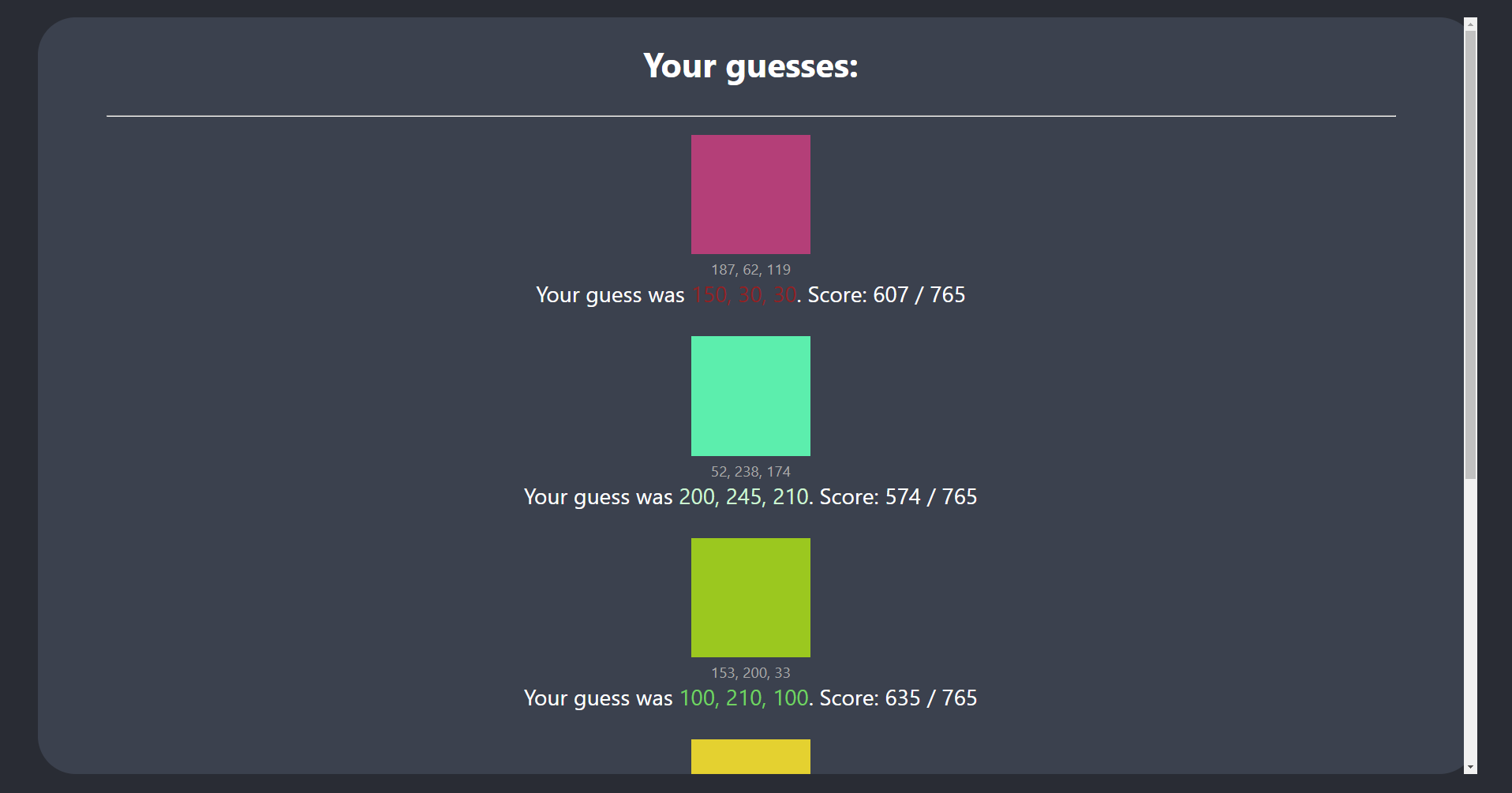 GitHub - puddily/guess-the-rgb: Guess the RGB values of colors and see how well you can do!