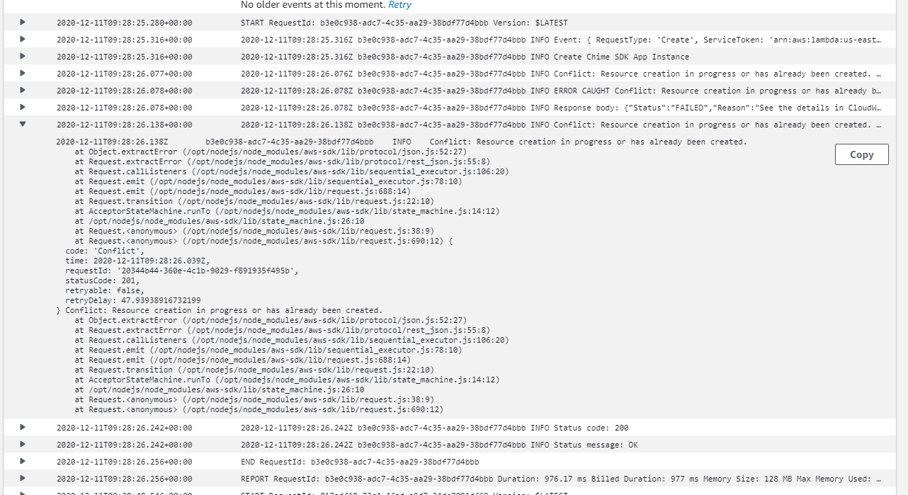 CloudFormation Deployment in chat demo throws error on create TriggerChimeAppInstanceLambda ...