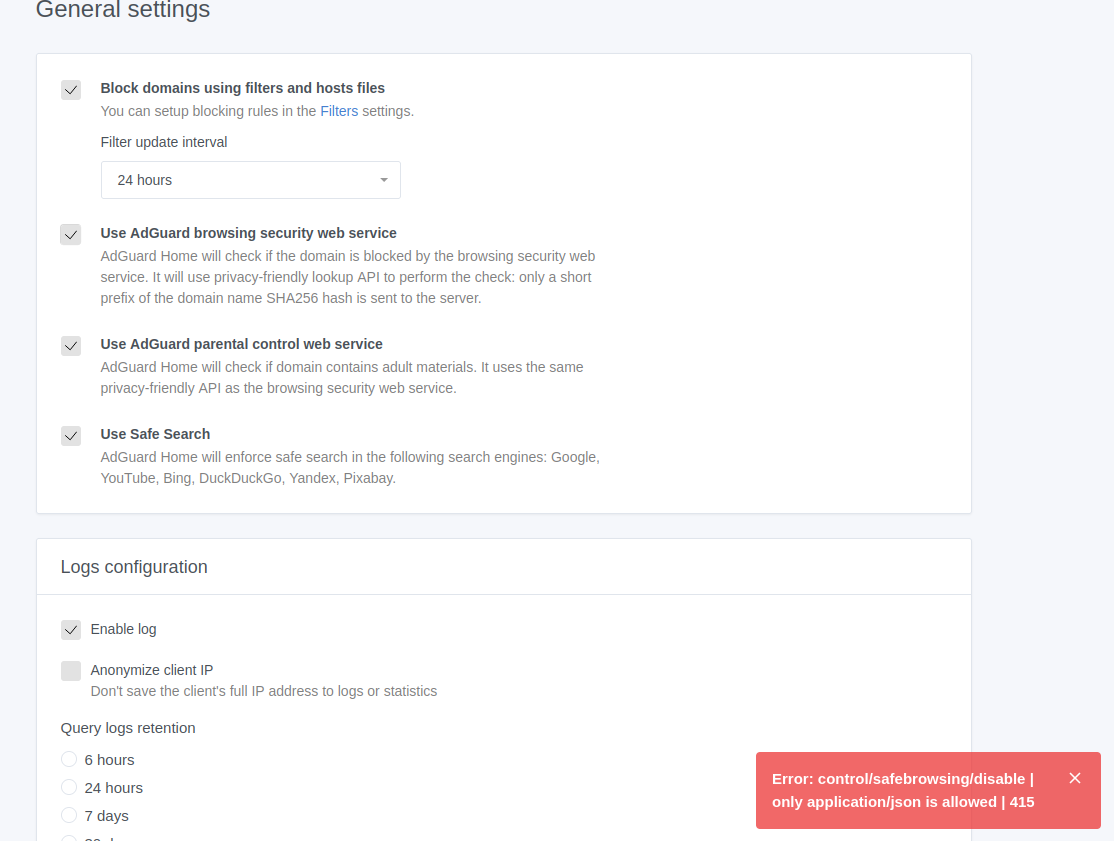 Error: control/safebrowsing/disable | only application/json is allowed | 415 · Issue #4976 ...