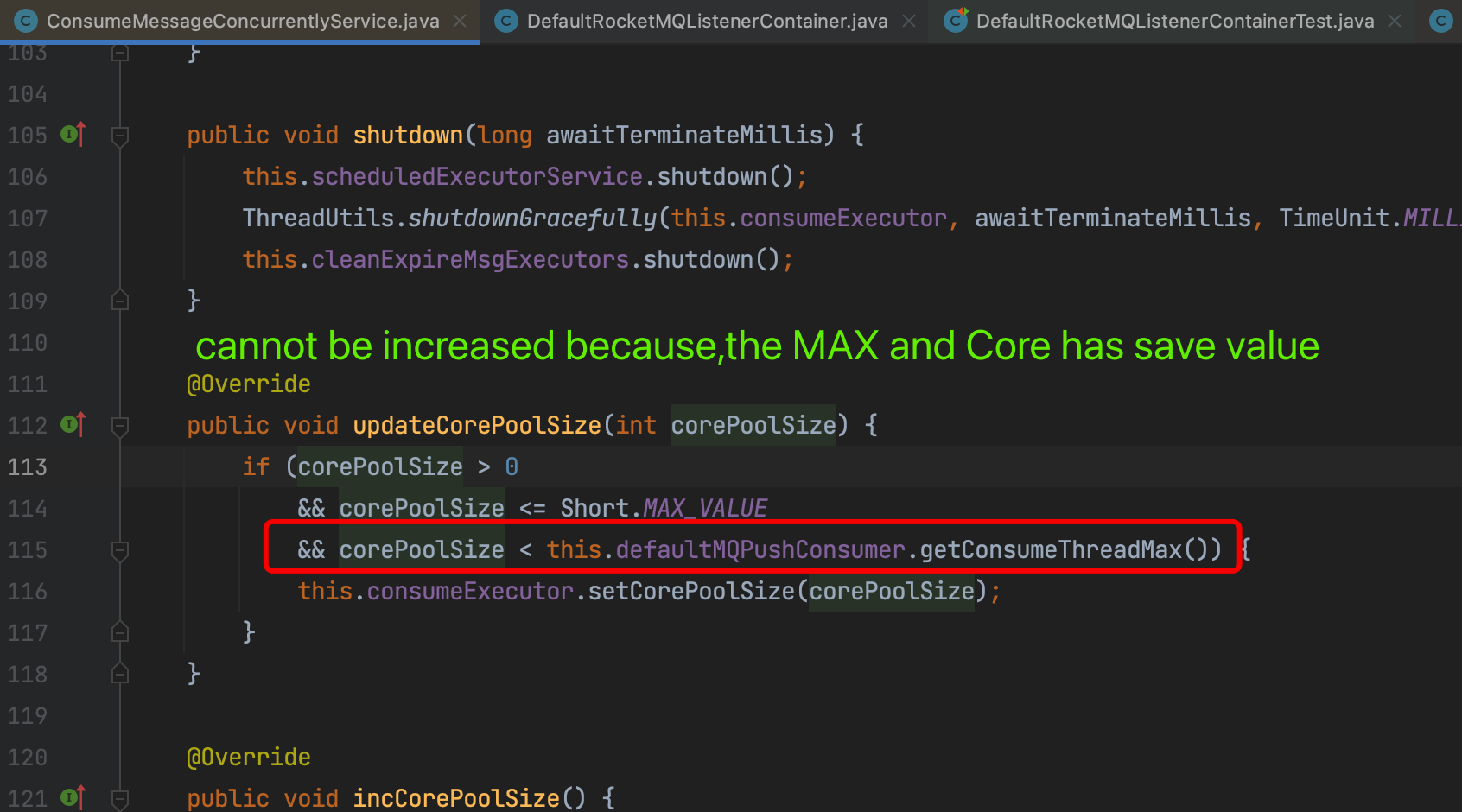 Bug In Consumemessageserviceupdatecorepoolsize Can Not Increase Consumeexecutor Coresize 