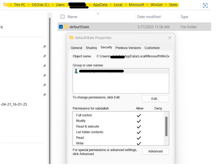Winget Defaultstate folders under user profiles does not have admin or system permission. cannot ...