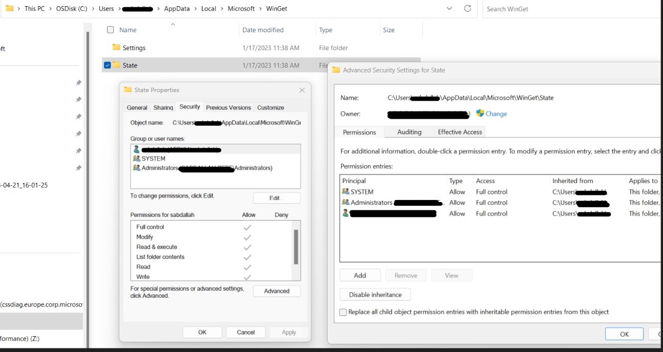 Winget Defaultstate folders under user profiles does not have admin or system permission. cannot ...