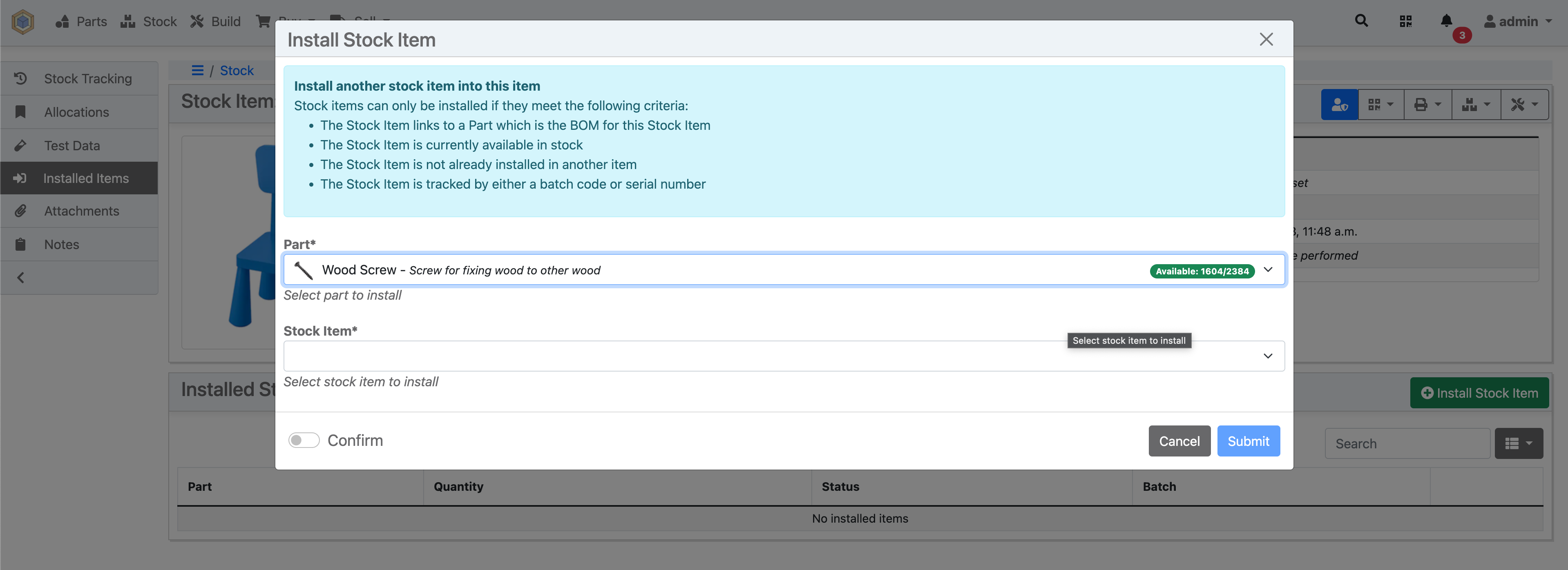 Adding specific quantity of a part as installed item(s) · Issue #5398 ...