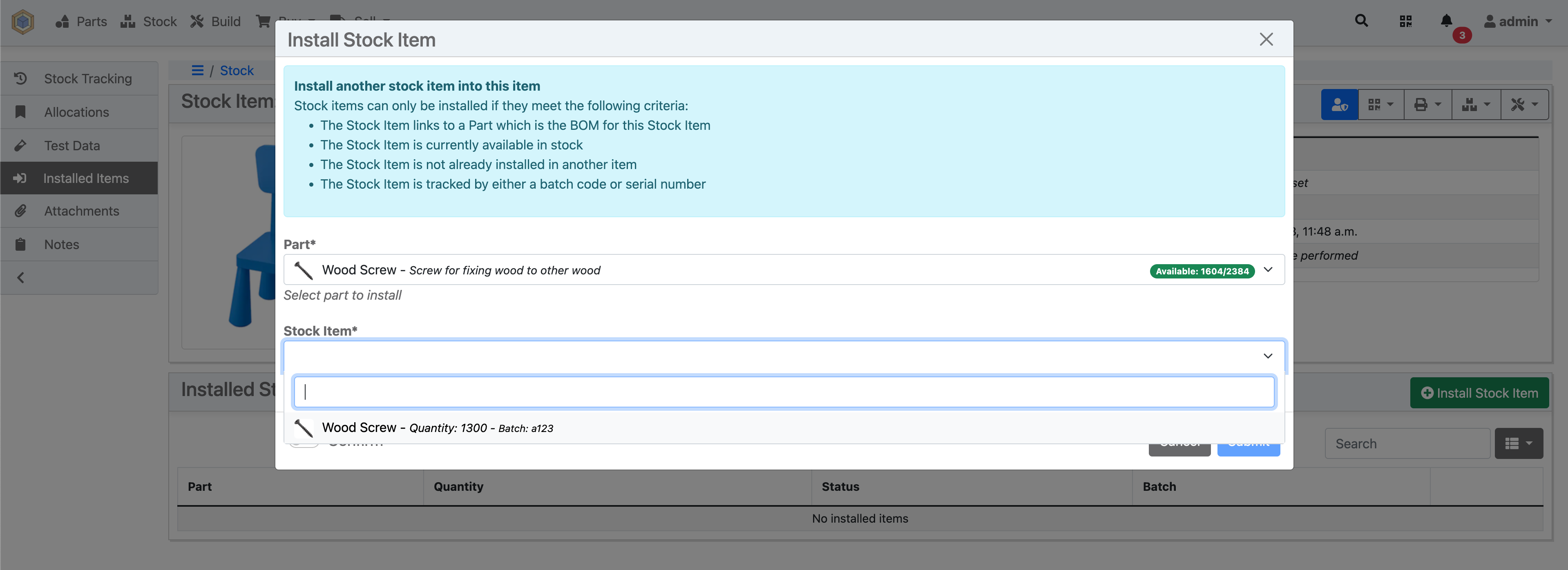 Adding Specific Quantity Of A Part As Installed Item S · Issue 5398 · Inventree Inventree · Github