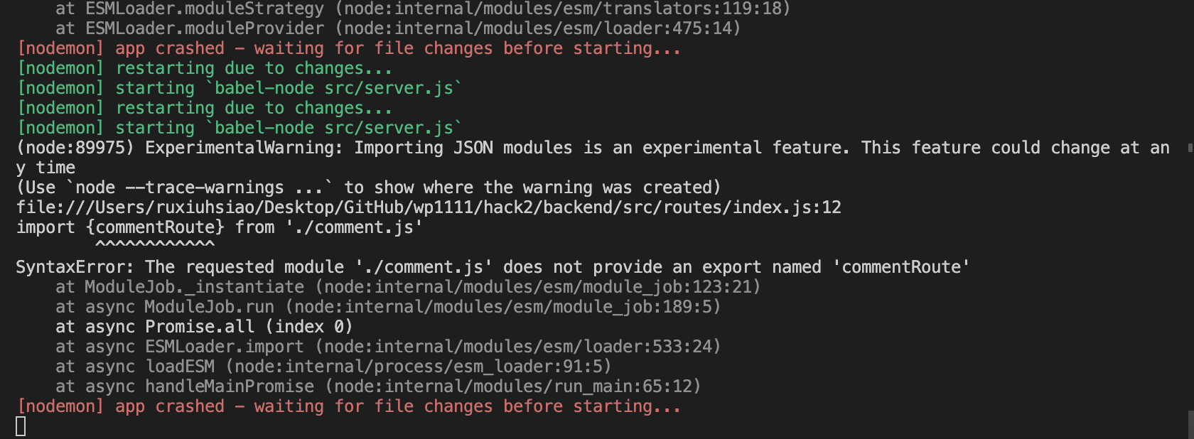 Nodemon Directory Import Is Not Supported Resolving Es Modules Imported From Backendsrc 